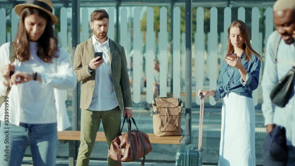 Close up young males and females people standing keeping safe social ...