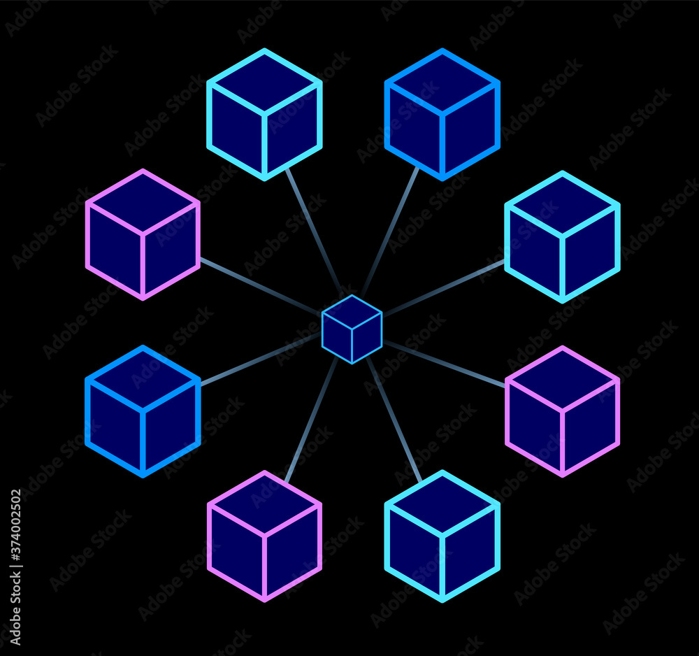 Eight cube symbols arranged in a magic circle. An atom disintegrating ...