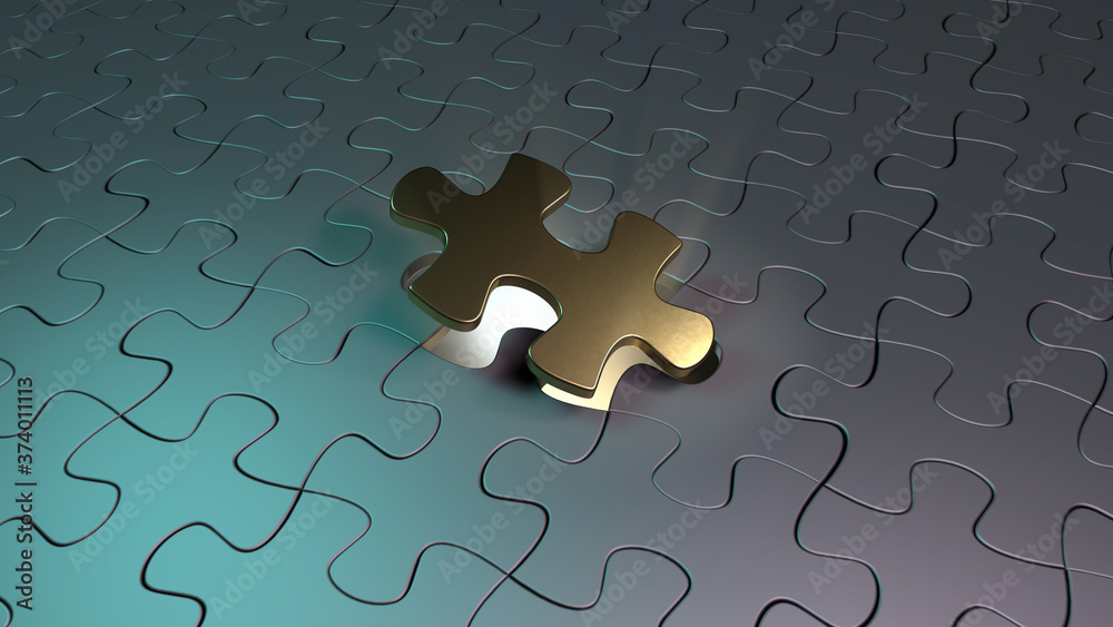 Final piece of puzzle with light coming from below. Golden piece on ...