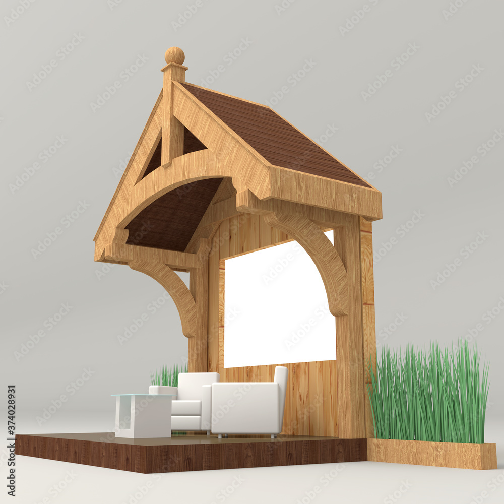 3d illustration stage backdrop decoration wood canopy roof with blank ...