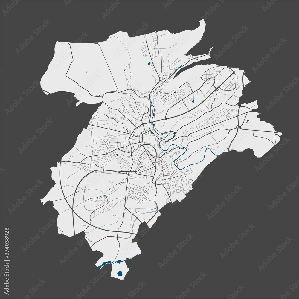 Luxembourg map. Detailed map of Luxembourg city poster with streets ...