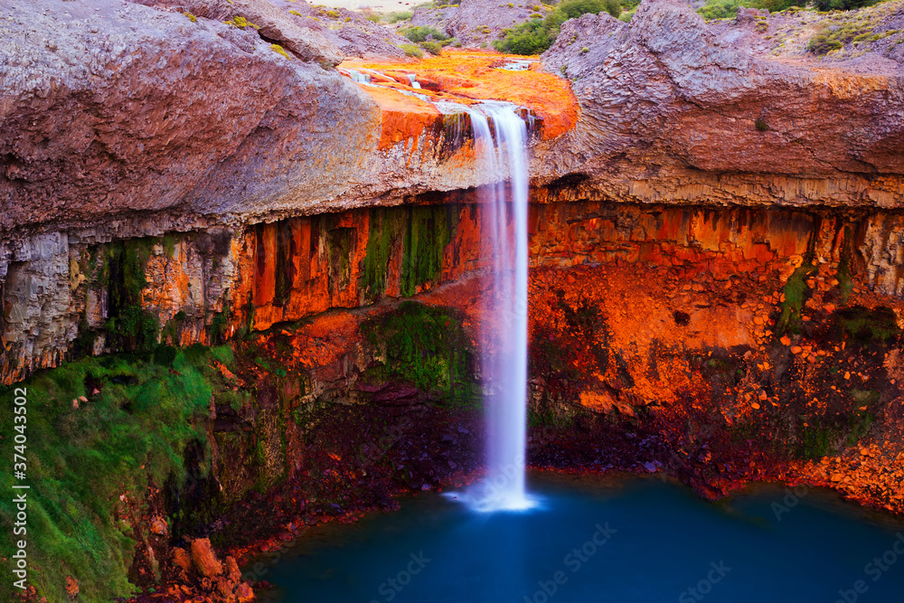 View on waterfall Salto del Agrio and Agrio river valley in Argentina ...