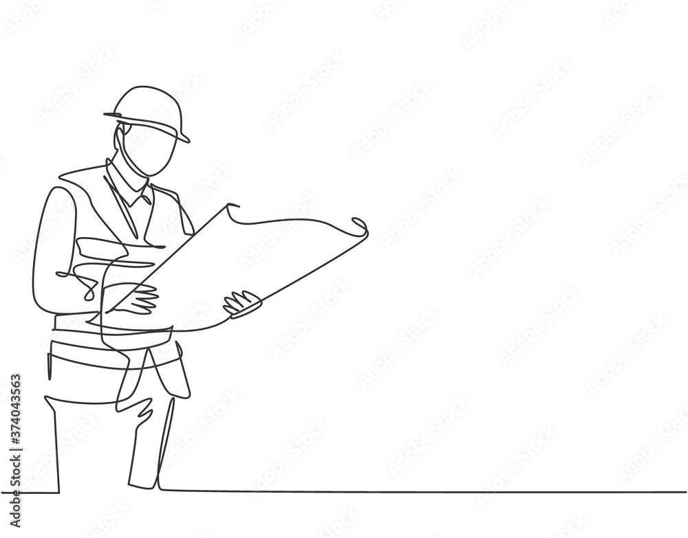 One continuous line drawing of young foreman manager controlling the ...