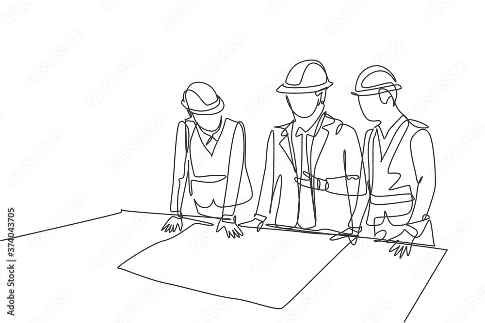 One continuous line drawing team of young architects presenting ...