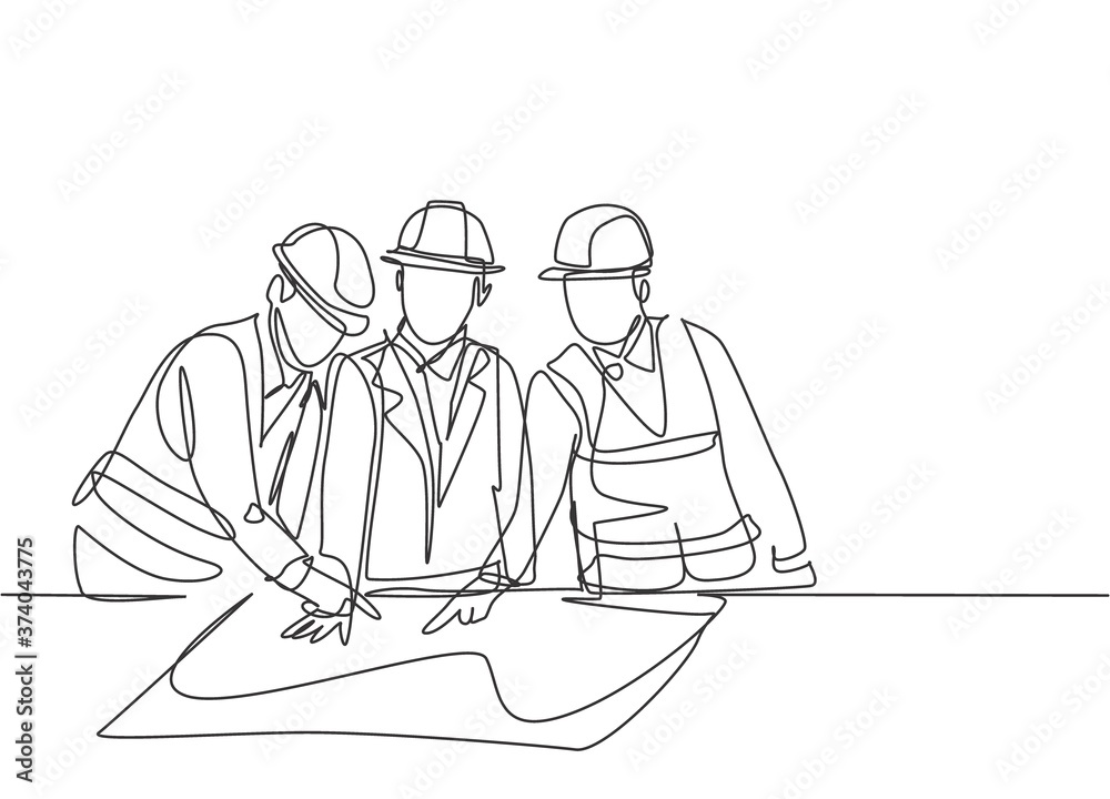 Single continuous line drawing of young sketch draft designer meeting ...