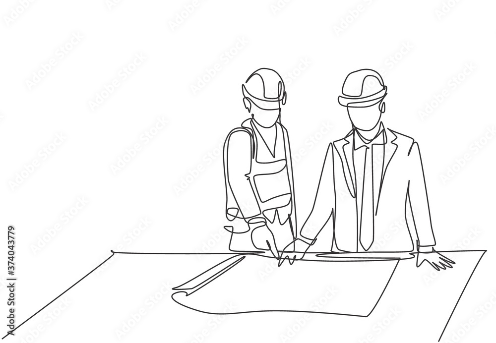 One single line drawing of young architect explaining sketch ...