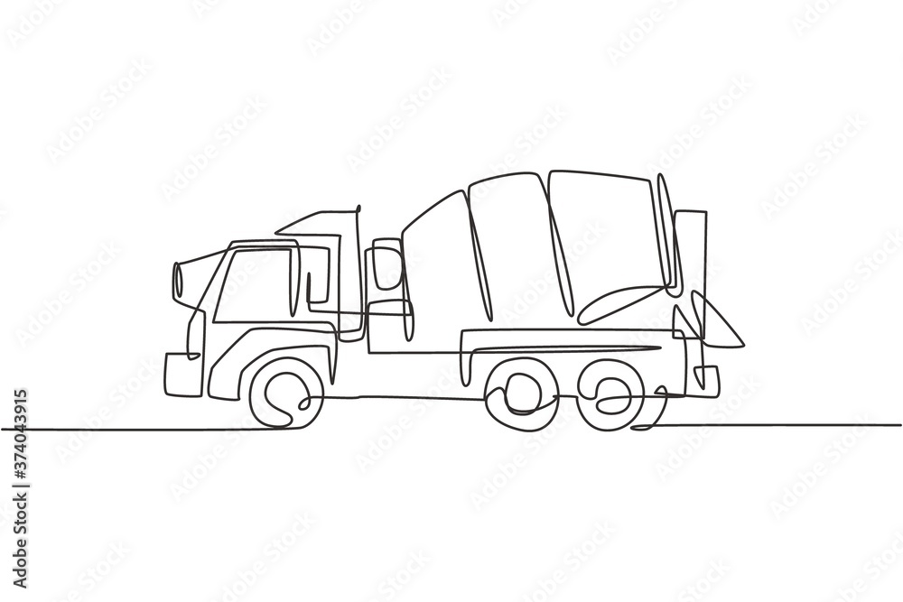 One single line drawing of truck mixer for mobile mixing cement vector ...