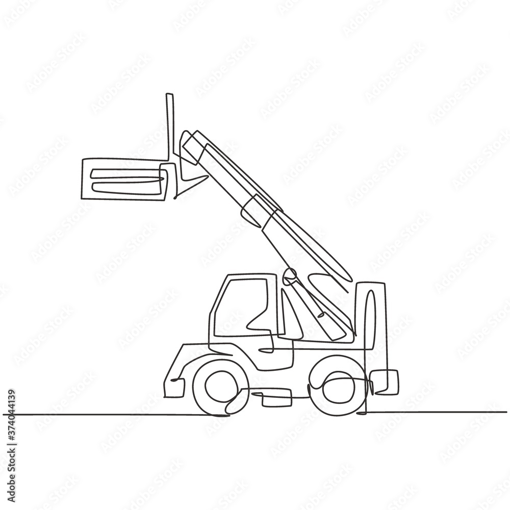 Single continuous line drawing of forklift for loading goods in ...