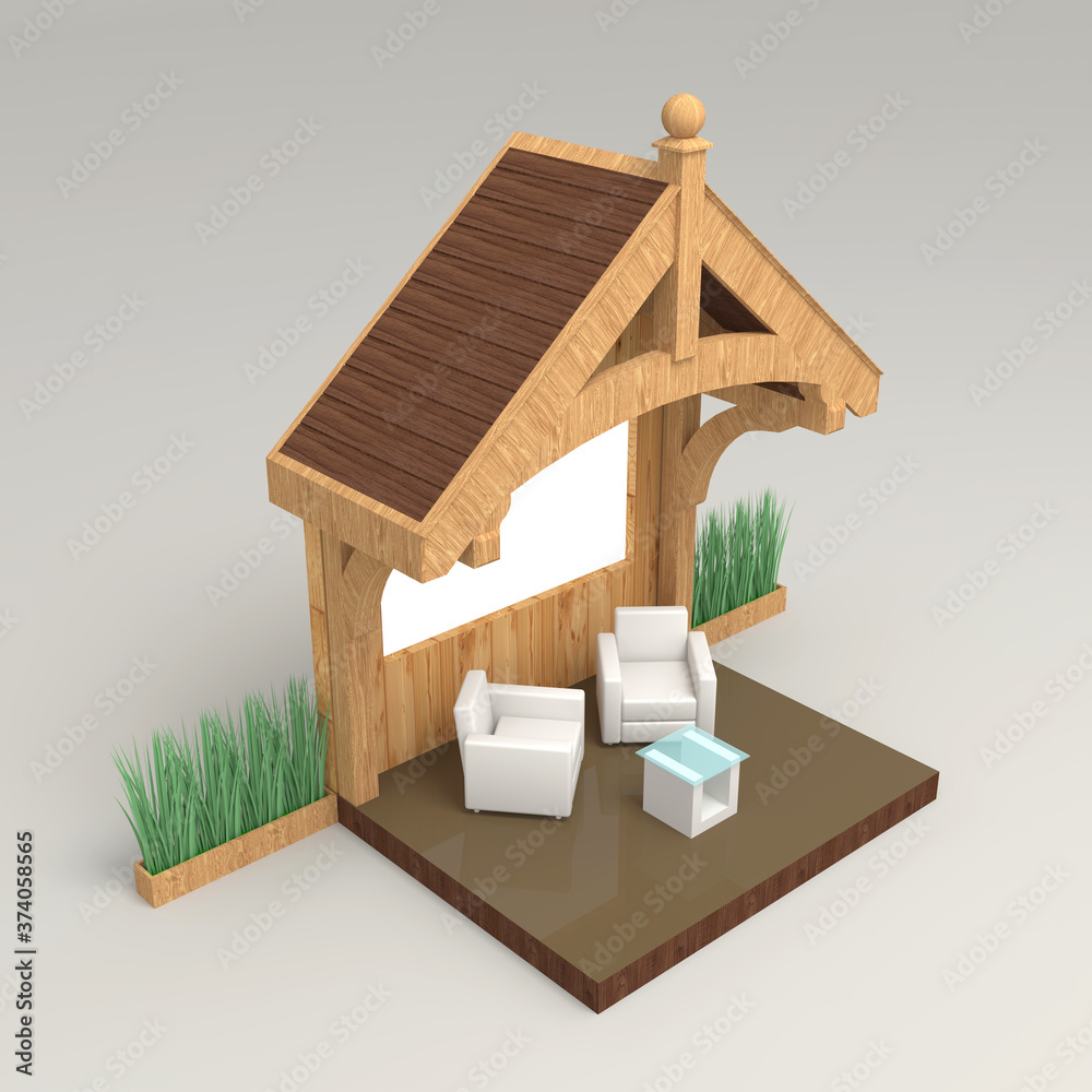 3d illustration stage backdrop decoration wood canopy roof with blank ...
