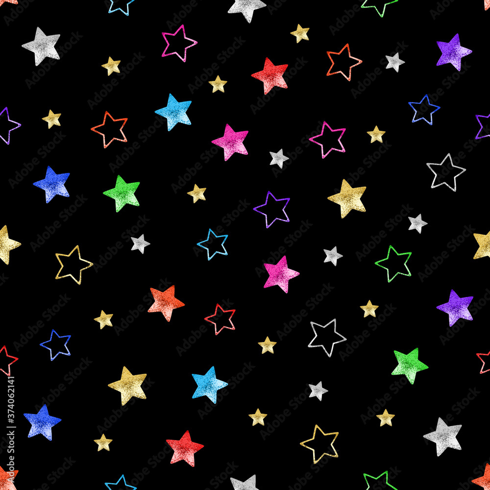 Seamless pattern colorful stars on black background isolated, shiny ...