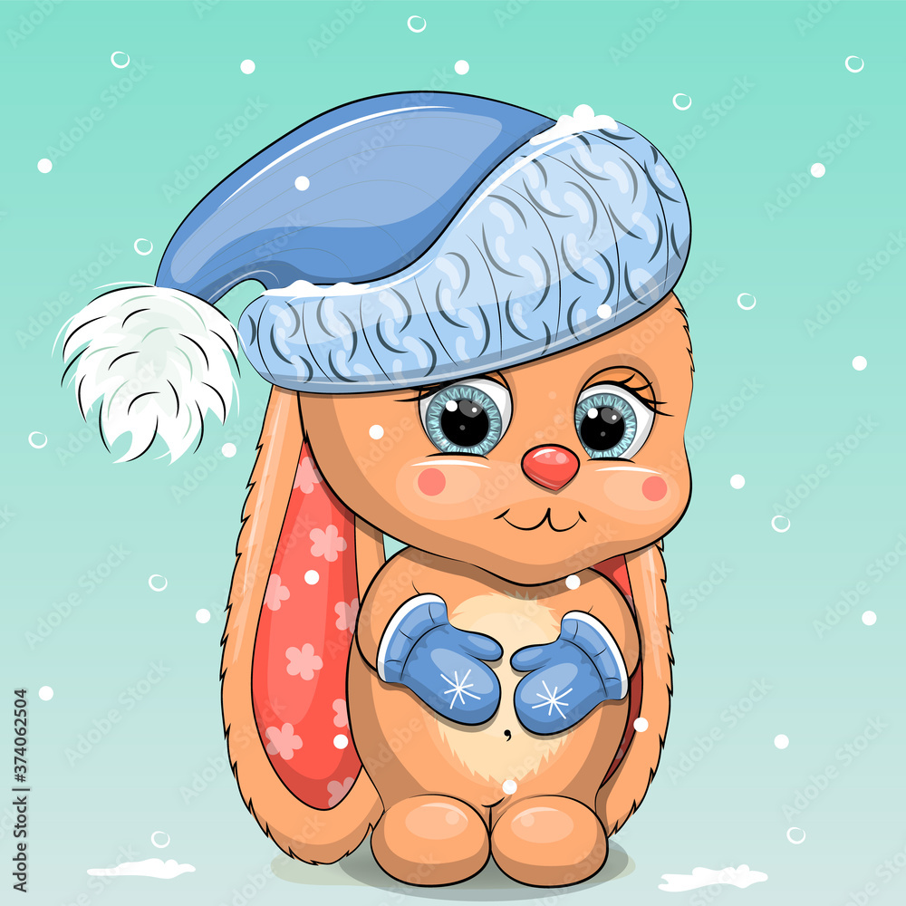 Cute cartoon baby rabbit in blue winter hat and gloves. Vector ...