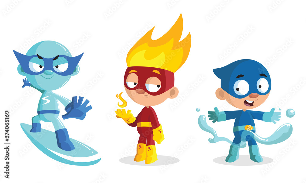 Kid Characters in Bright Superhero Costumes and Masks Vector Set Stock ...