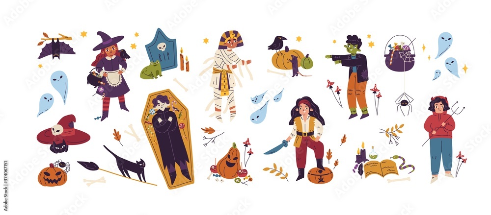 Halloween childish bundle with jack o lantern, coffin, witch, pirate ...
