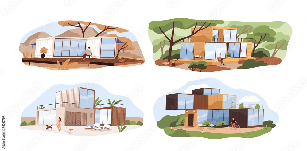 Set of shipping container houses in nature with panoramic window ...