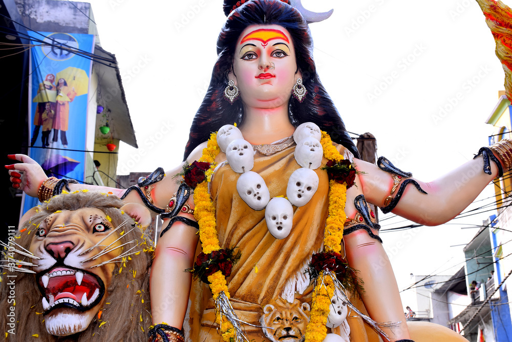Sculpture of Hindu Goddess Durga, Goddess Durga idol with ornaments in ...