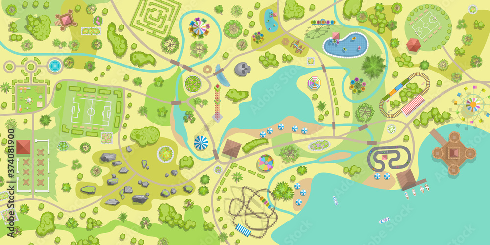 Amusement park map. (Top view) Attractions, paths, lake, river, plants ...
