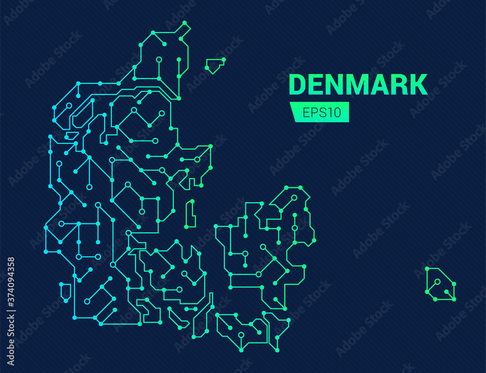 Abstract futuristic map of Denmark. Electric circuit of the country ...