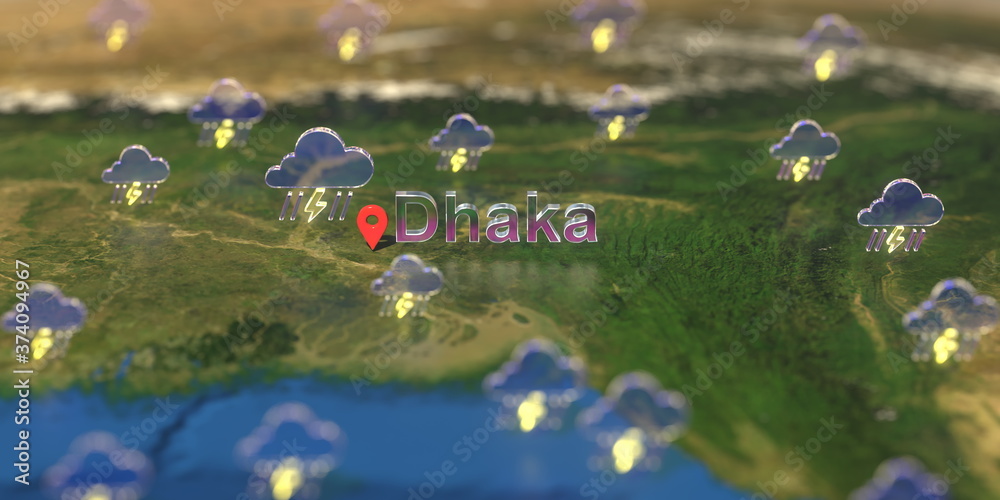 Stormy weather icons near Dhaka city on the map, weather forecast ...