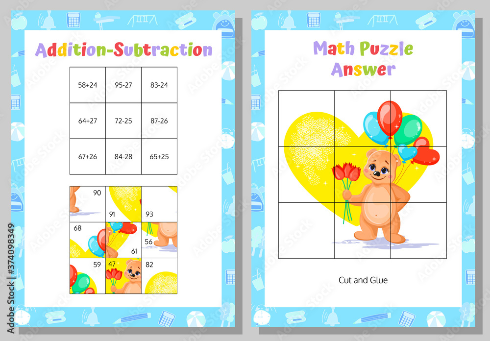 Addition, Subtraction Math Puzzle Worksheet. Educational Game ...
