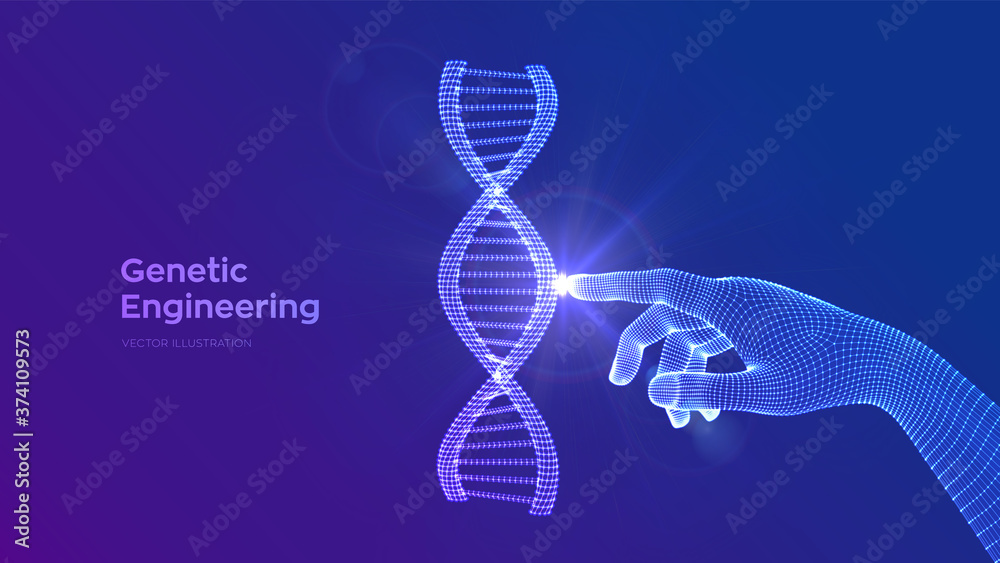 Hand touching DNA sequence molecules structure mesh. Wireframe DNA code ...