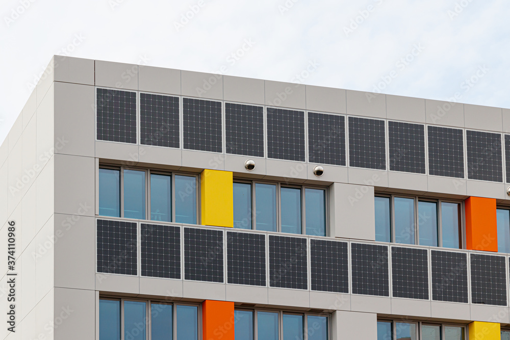 Building solar panels. Solar elementary school building. Eco-friendly ...