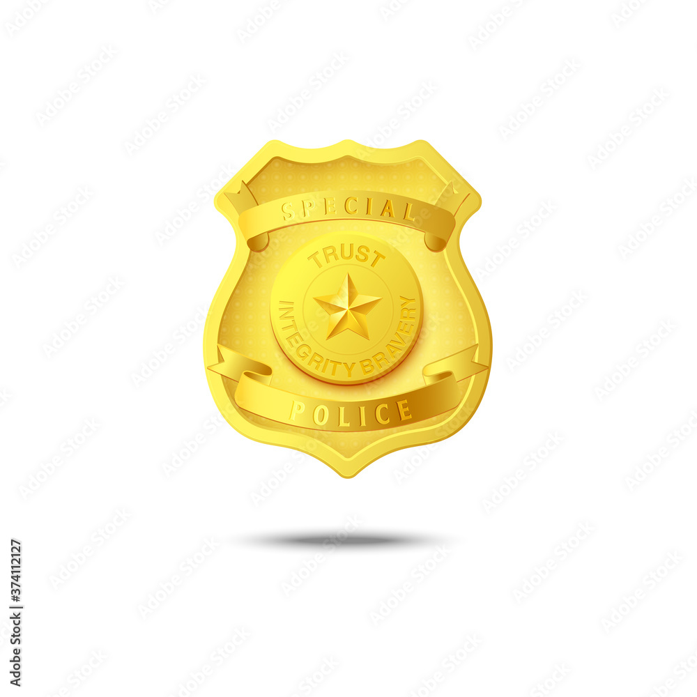 Gold metal police badge, realistic mockup isolated on white background ...