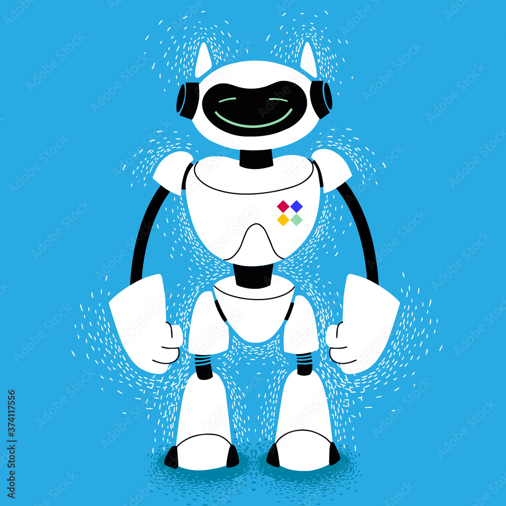 cute friendly robot. electronic bot friend on blue background. cartoon ...