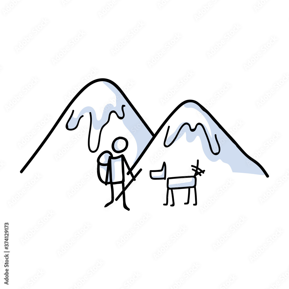 Hand drawn stickman hiking with dog concept. Simple outdoor vacation ...