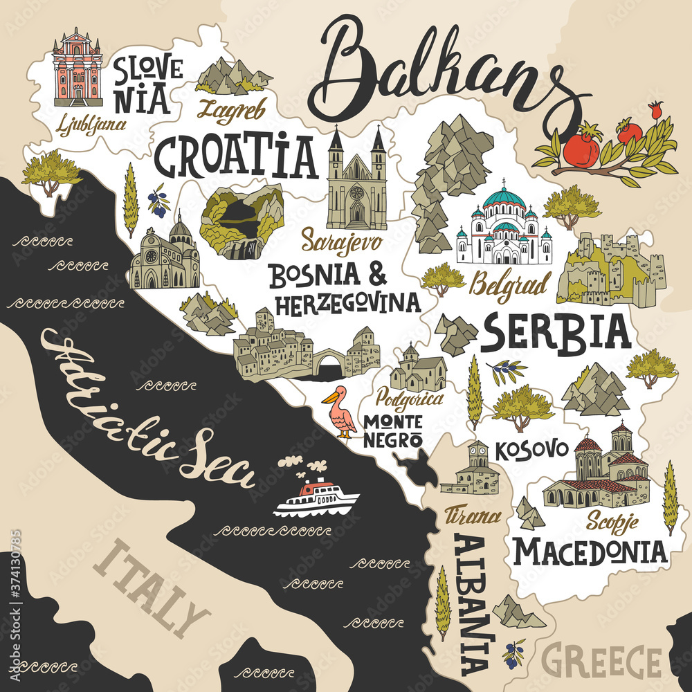 Cartoon map of Balkans. Travel and attractions of Eastern Europe Stock ...