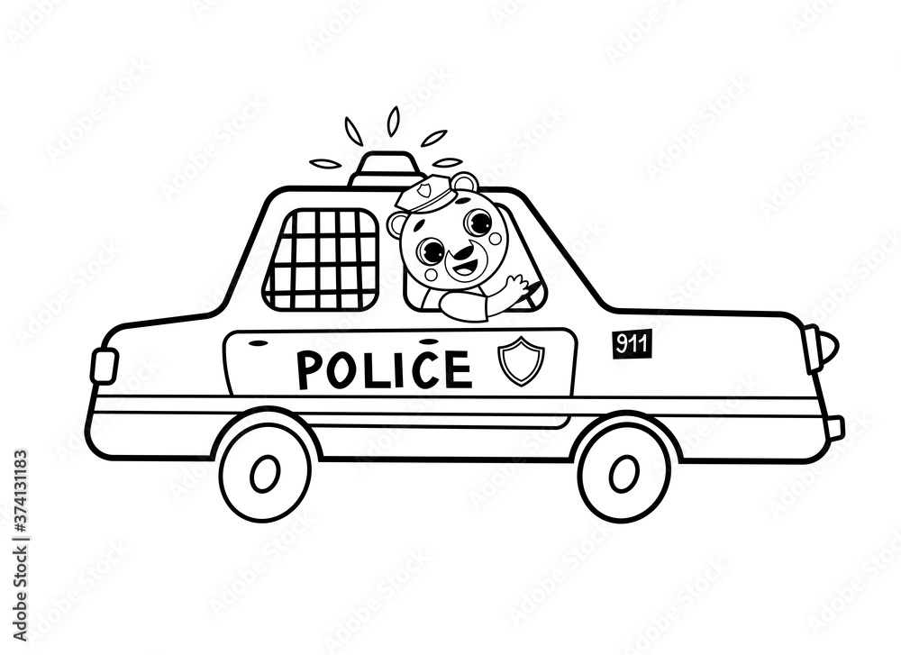 Coloring page outline of cartoon police car with animal. Vector image ...