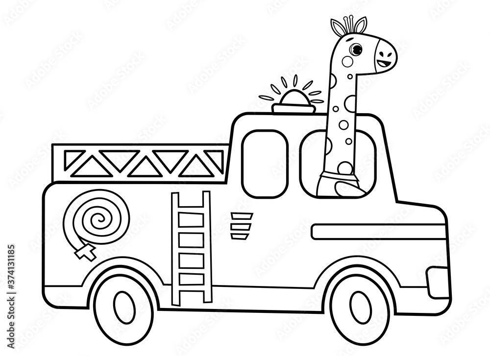 Coloring page outline of cartoon fire engine with animal. Vector image ...