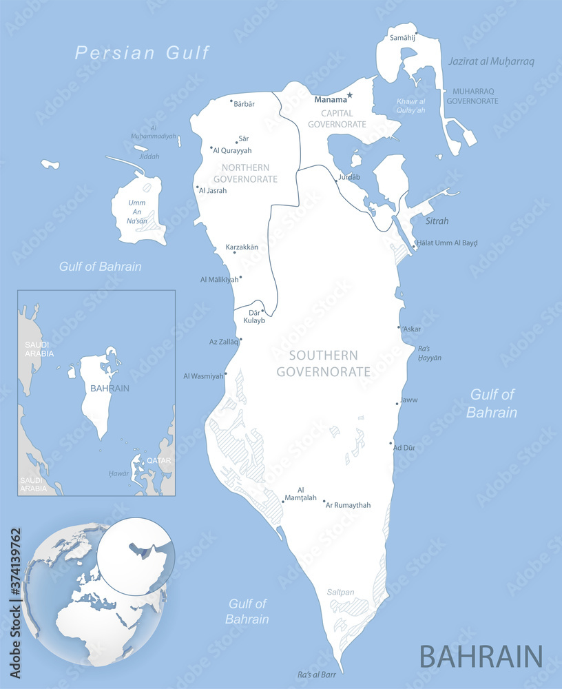 Blue-gray detailed map of Bahrain administrative divisions and location ...
