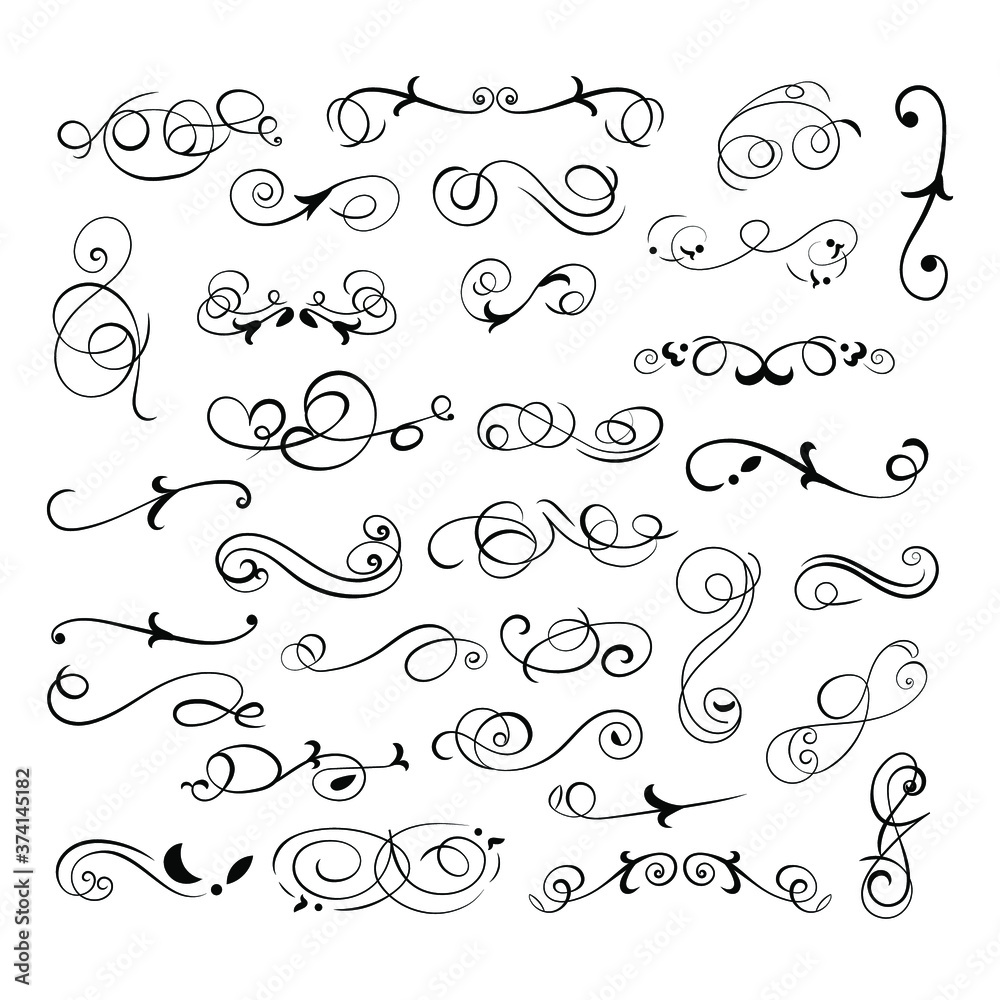 Vector floral swirls set isolated on white background, black lines ...