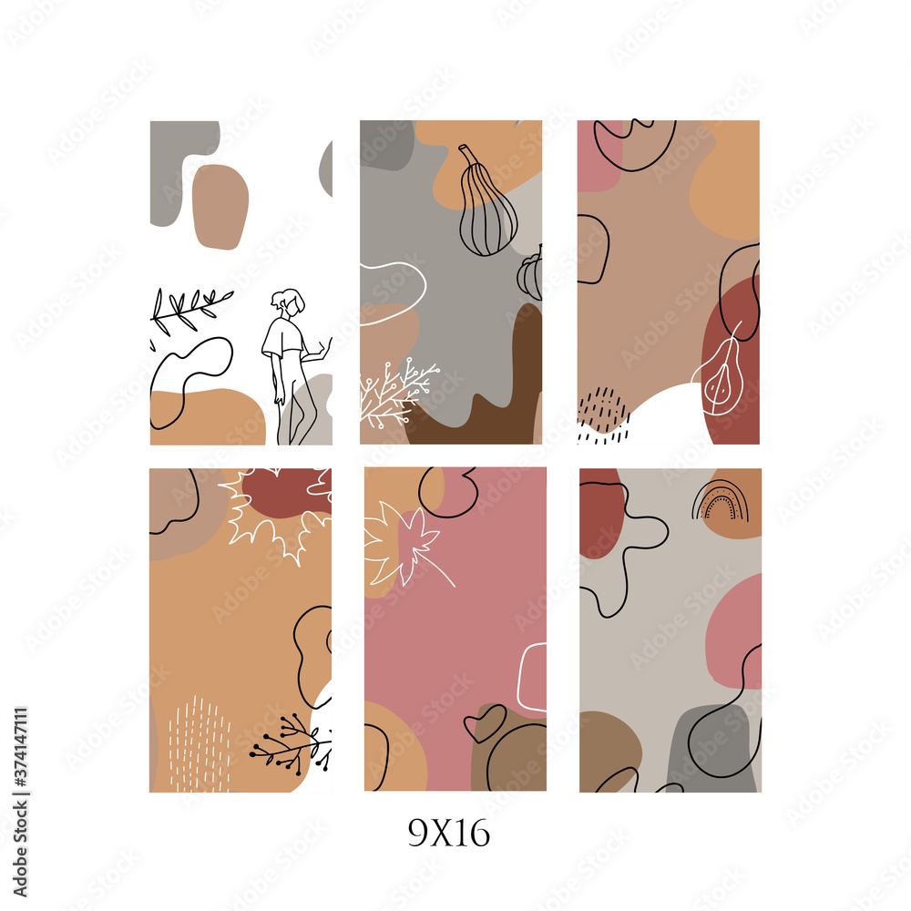 Set of abstract leaves vector modern stories background. Vertical 9x16 ...