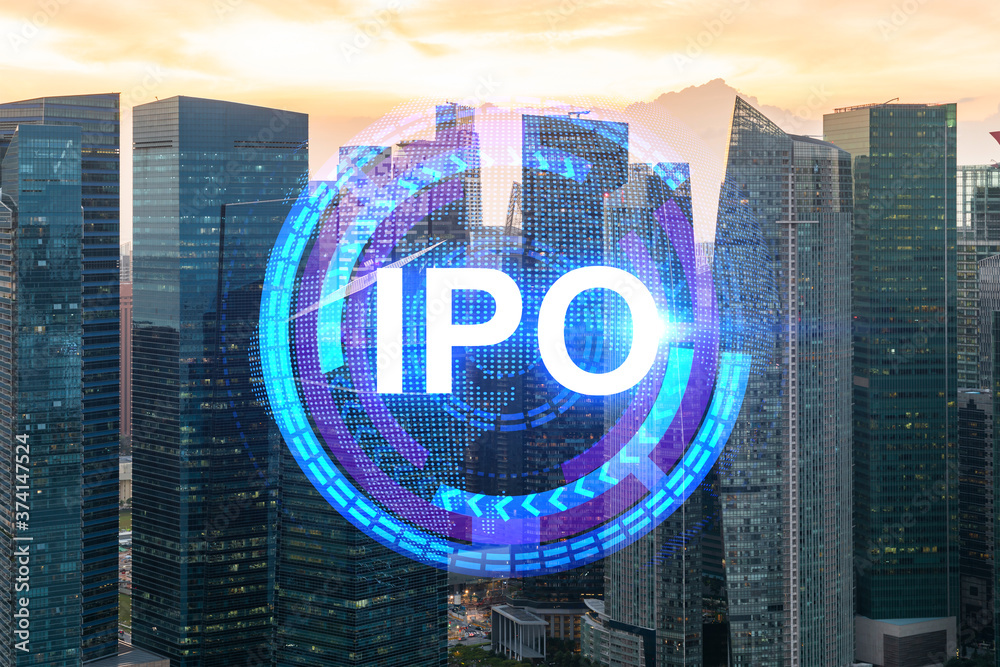 Hologram of IPO glowing icon, sunset panoramic city view of Singapore ...