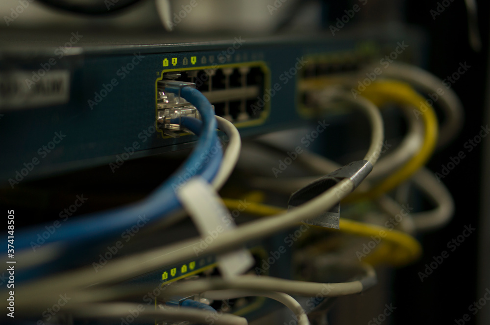 Closed data center Internet provider. Cable and switch connections ...