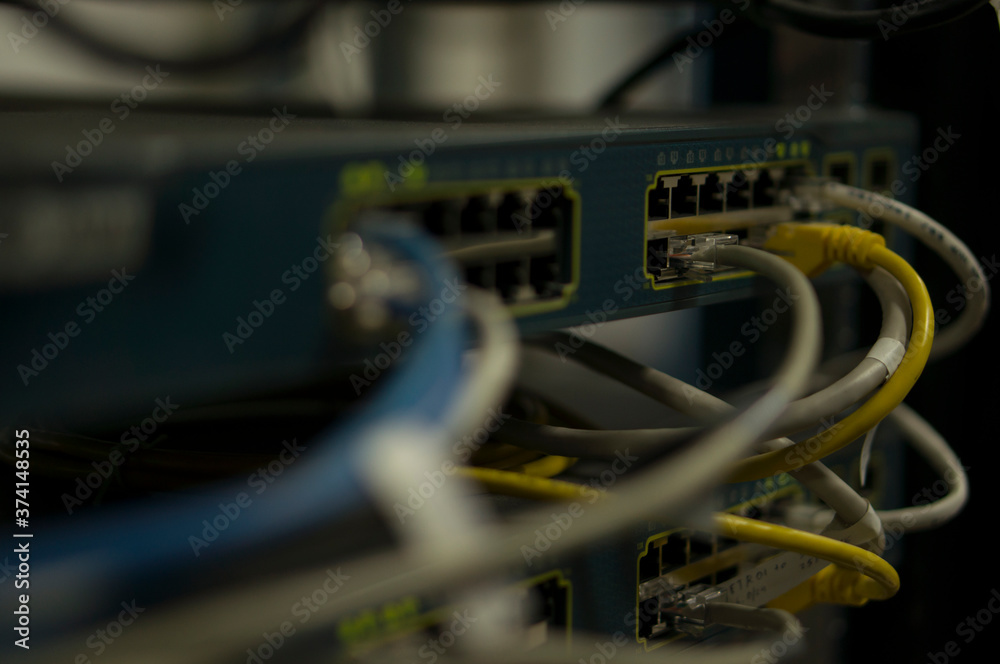 Closed data center Internet provider. Cable and switch connections ...