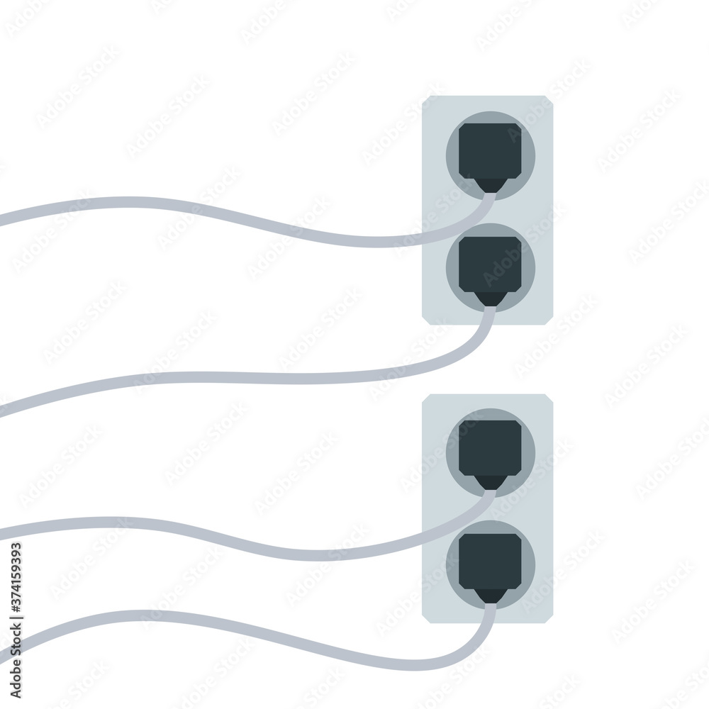 Many outlets to plug with wires. load on system. Cartoon flat ...