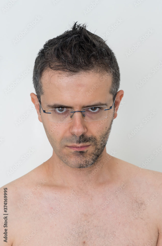 Man with mental problems. Beard cut on half face only. Concept of ...