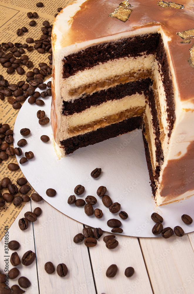 Cutaway cake, cakes and cream are visible. Coffee beans cake Stock ...