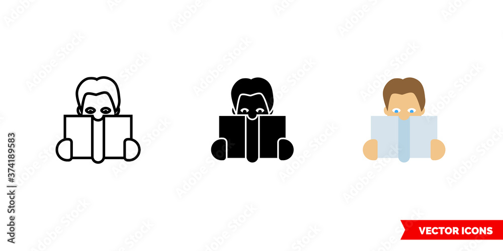 Reading icon of 3 types color, black and white, outline. Isolated ...