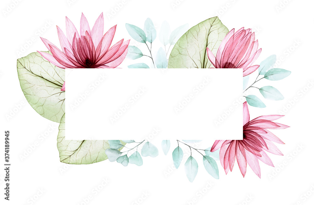 rectangular frame with eucalyptus silt and lotus leaves and flowers ...