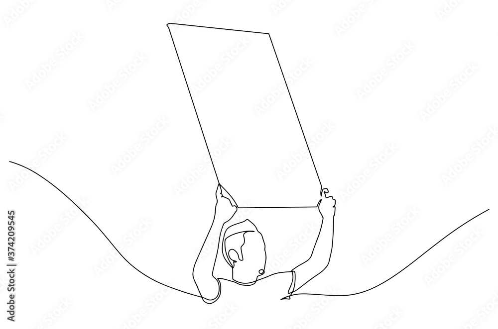 One continuous line drawing of a protester. A standing man in ...