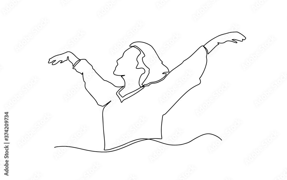 Continuous line drawing of happy woman raising hands. Continuous line ...