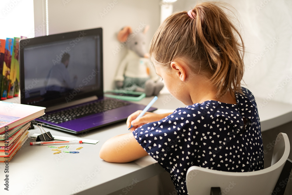 Distance learning . Schoolgirl with a computer, communicates by ...