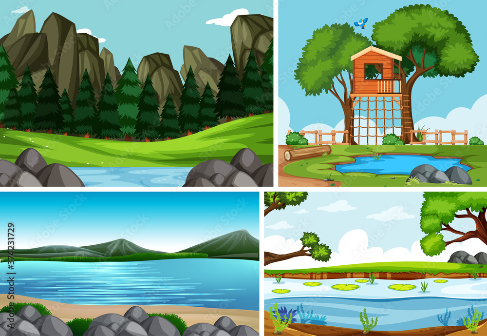 Four different scenes in nature setting cartoon style Stock Vector ...