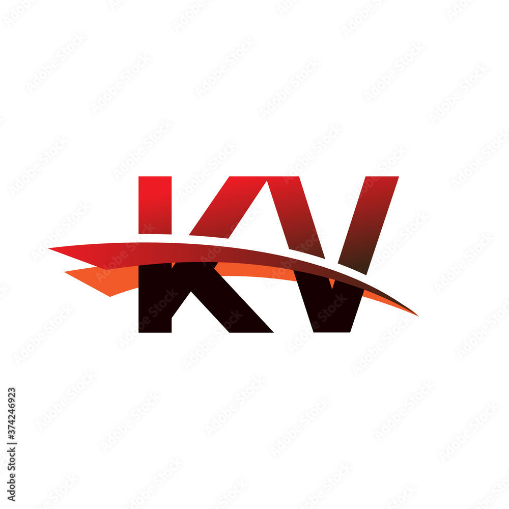 initial letter KV logotype company name colored black and red swoosh ...