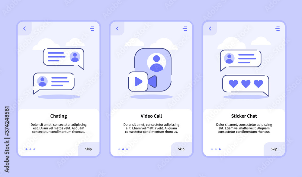 Chatting video call sticker chat onboarding screen for mobile apps ...