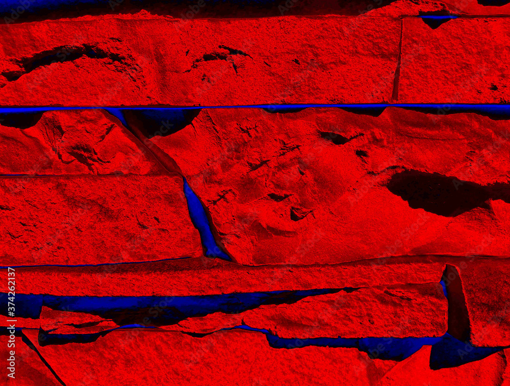 Abstract, red, volumetric background, with blue longitudinal stripes ...