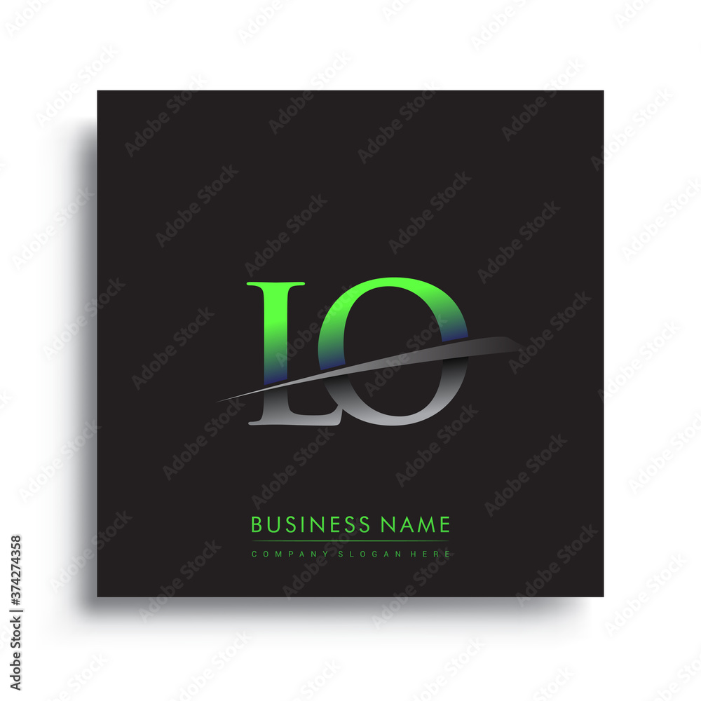 initial letter LO logotype company name colored blue and green swoosh ...